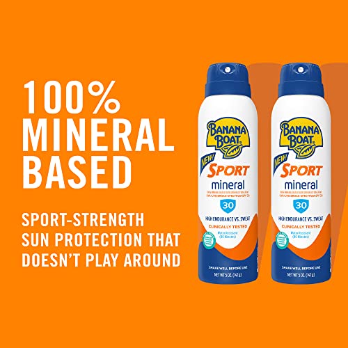 Banana Boat Sport 100% Mineral Sunscreen Spray SPF 30 Twin Pack | Banana Boat Mineral Sunscreen, Oxybenzone Free Sunscreen, Sport Sunscreen, Spray On Sunscreen, Water Resistant Sunscreen SPF 30, 5oz each