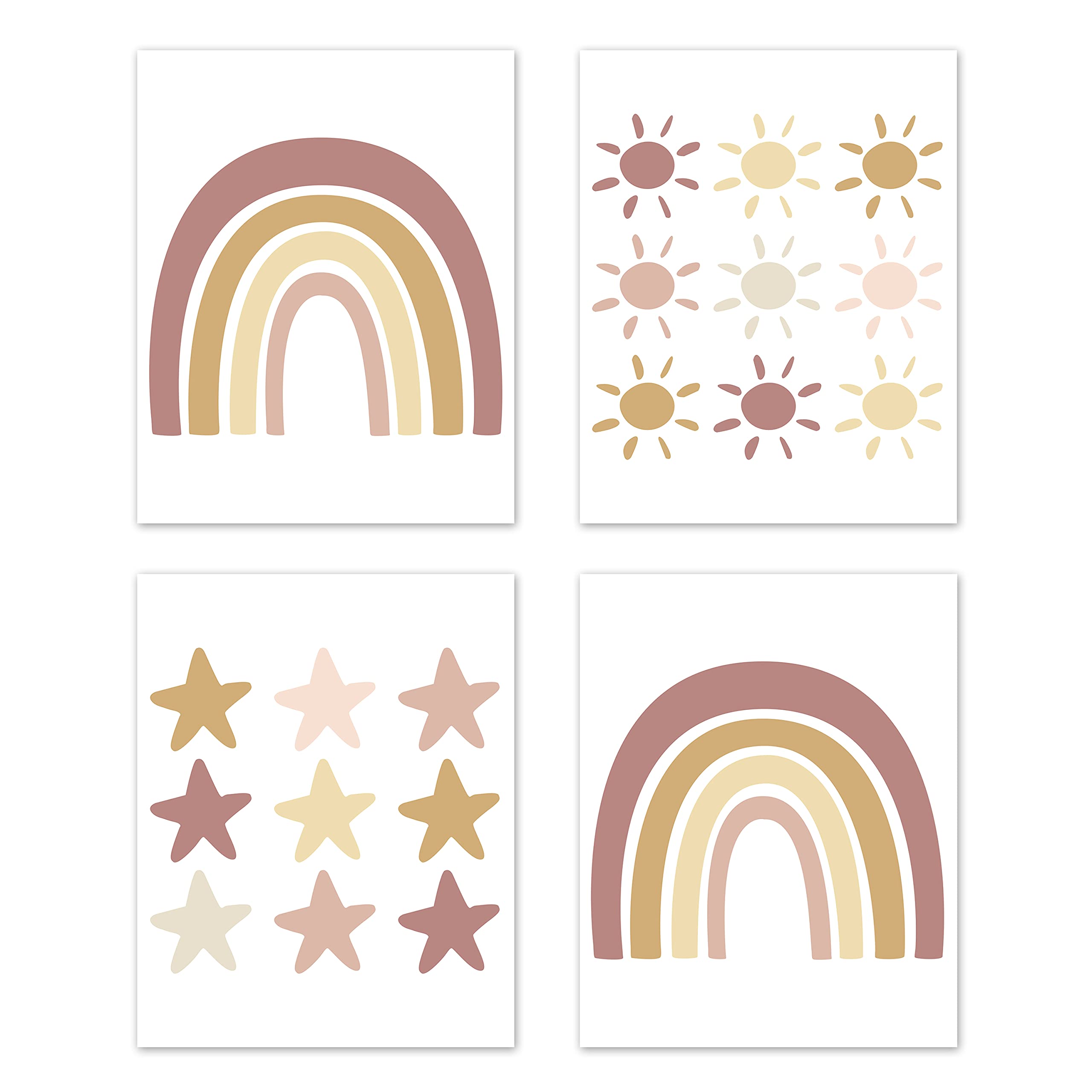 Sweet Jojo Designs Boho Rainbow Wall Art Prints Room Decor for Baby, Nursery, and Kids - Set of 4 - Blush Pink Dusty Rose Gold Yellow Mauve Taupe Beige Tan Bohemian Stars Sun Celestial Vintage Sky