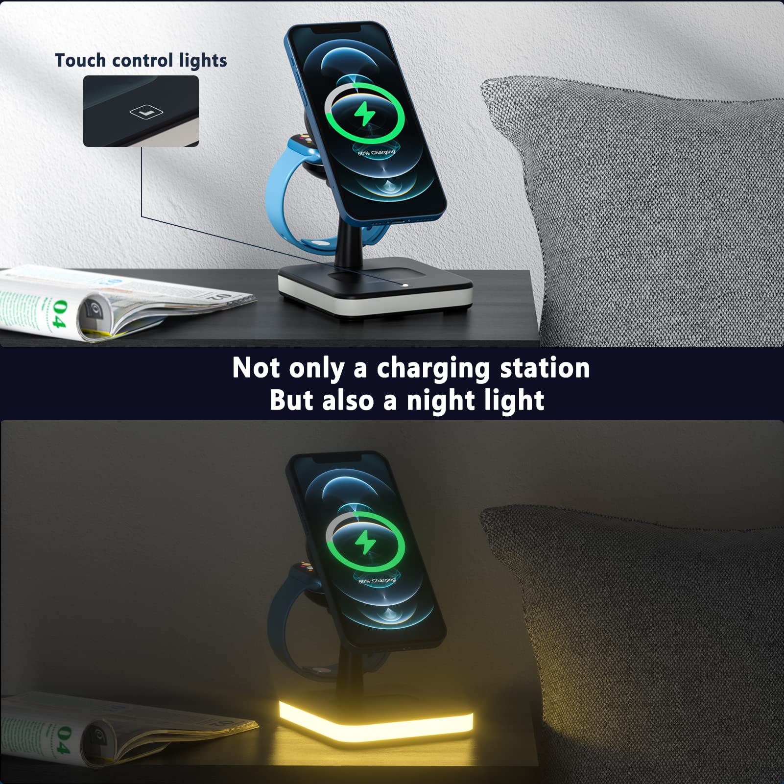 Magnetic Wireless Charging Station, 15W Fast Wireless Charger 4 in 1 MagSafe Charger Stand for iPhone 13/12/Pro/Pro Max/Mini, iWatch and Airpods 3/2/Pro with Night Light (18W QC3.0 Adapter Included)