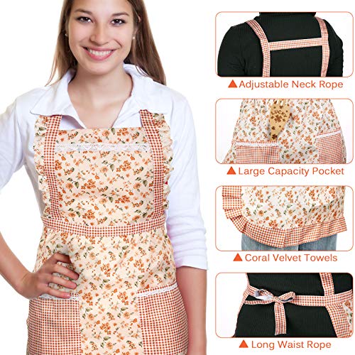 Syhood 3 Pieces Kitchen Floral Aprons Soft Flower Aprons Women Chef Aprons Adjustable Cooking Aprons with Pockets for Kitchen Cooking Baking Gardening Household Cleaning Supplies, 3 Colors
