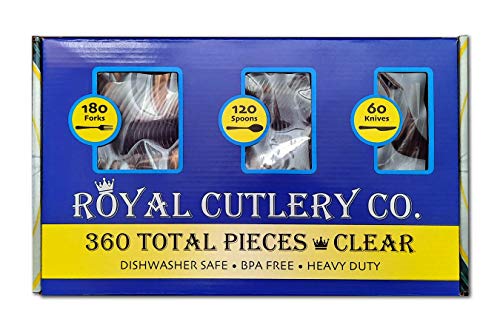 ROYAL CUTLERY CO. Disposable Cutlery set, Color: Clear, 360 Pieces, Heavy Duty Plastic Utensil Set, 180 Forks, 120 Spoons, 60 Knives.