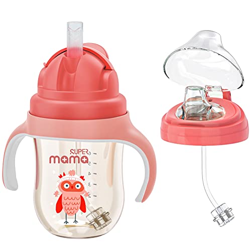 SUPERMAMA Sippy Cups for 1+ Year Old with Spout & Straw(9 Oz), PPSU No Spill Sippy Cups with Weighted Straw, Spill Proof Training Toddler Cups With Handle for Baby 6+ Months