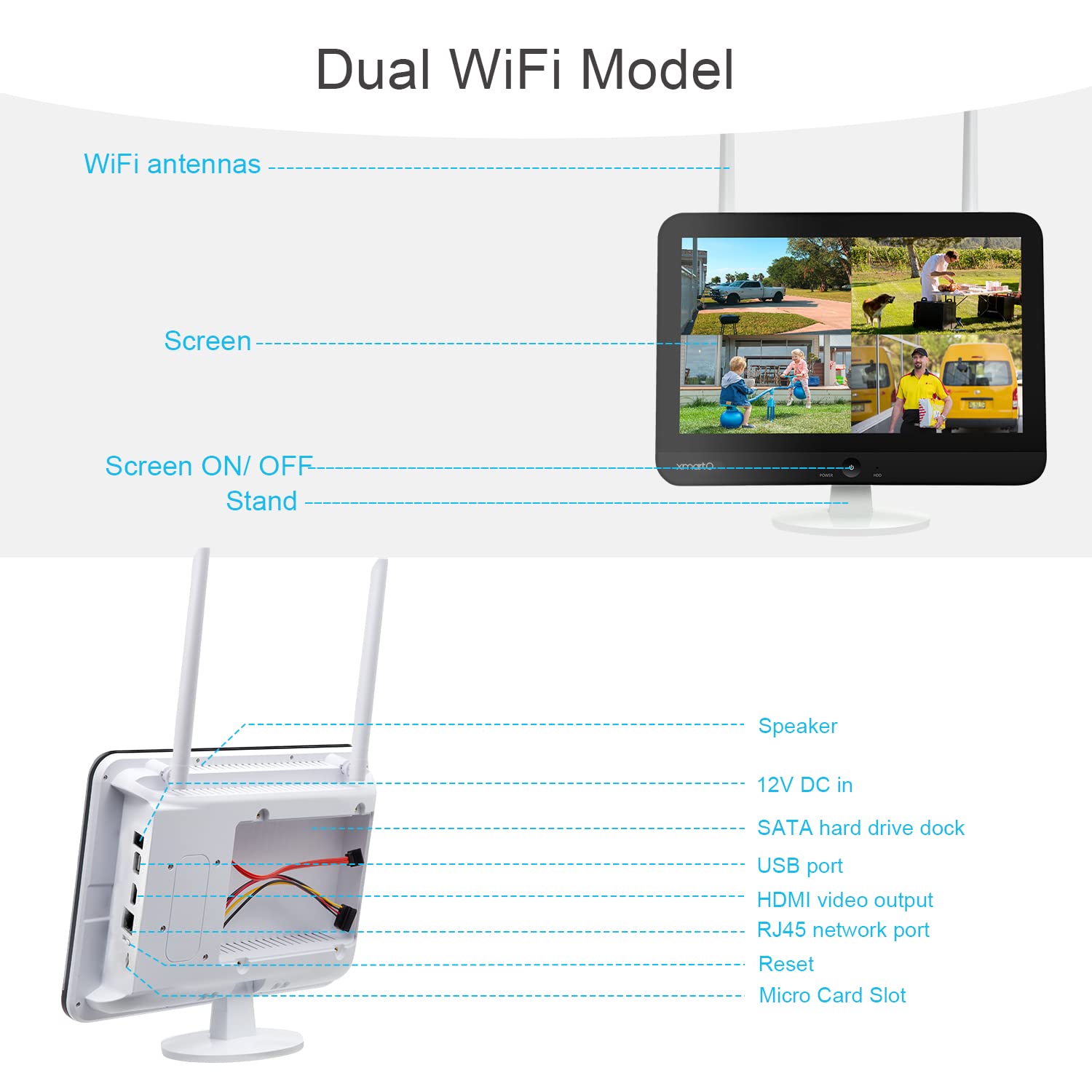 XMARTO 10CH H.265+ 4K Ultra HD Network Digital Video Recorder NVR with 12.1" HD Screen (Dual WiFi Inside, Long Range WiFi, G3 Auto WiFi Relay, SATA HDD and Cloud Storage)