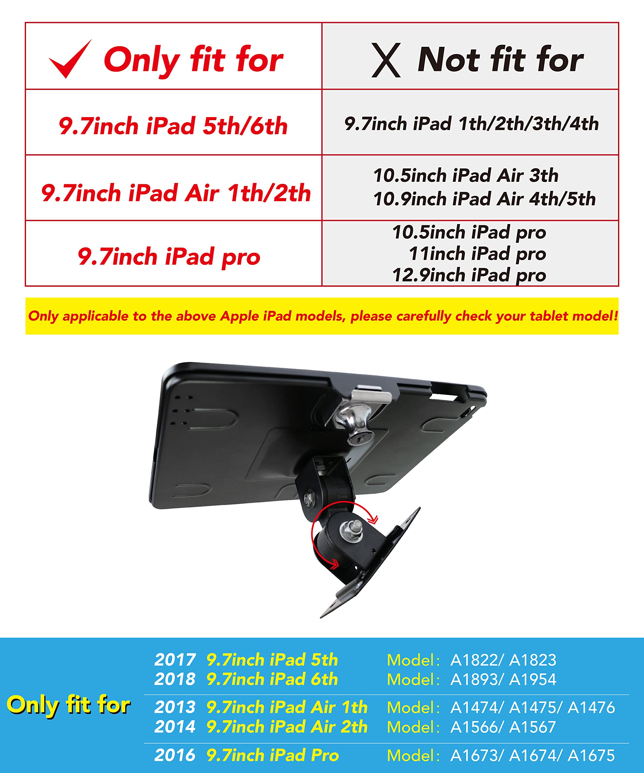 WeSTRUGGLE On Wall Mount bracket for iPad 9.7"(6th,5th,Gen.), 9.7"Air1& 2, iPad 9.7"Pro, Excluding iPad 9.7"(1th,2th,3th,4th,Gen.),Anti Theft Lock , Rotate Design Arbitrary ,Multi Angle, Metal,(Black)