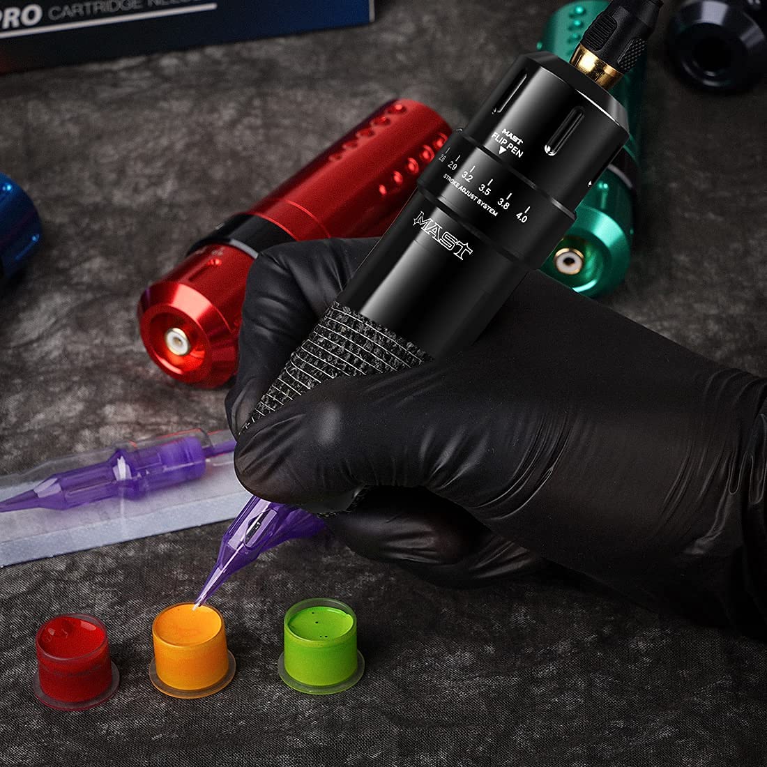 Mast Tattoo Gun Kit Flip Wireless Tattoo Machine 7 Strokes Length Tattoo Kit 2 Batteries Power Supply 20 Pro Tattoo Needles Cartridges Purple Color