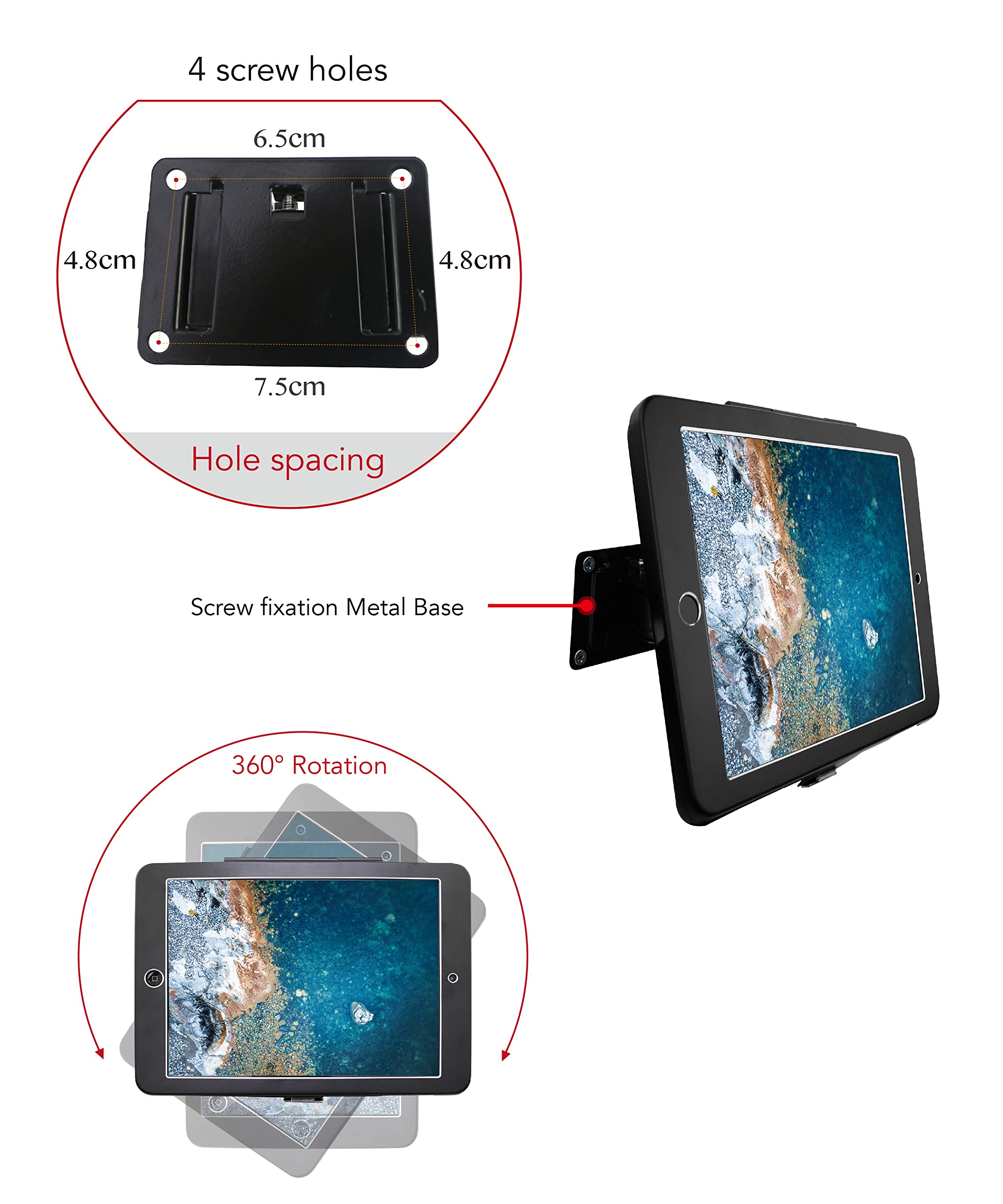 WeSTRUGGLE On Wall Mount bracket for iPad 9.7"(6th,5th,Gen.), 9.7"Air1& 2, iPad 9.7"Pro, Excluding iPad 9.7"(1th,2th,3th,4th,Gen.),Anti Theft Lock , Rotate Design Arbitrary ,Multi Angle, Metal,(Black)