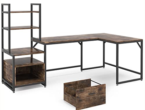 Tribesigns L-Shaped Desk with File Drawer, Reversible Corner Computer Desk with 3-Tier Storage Shelves, 85.4 inches Office Desk Computer Table Workstation for Home Office