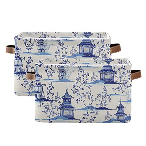 susiyo Large Foldable Storage Bin Pagodas Chinoiserie Fabric Storage Baskets Collapsible Decorative Baskets Organizing Basket Bin with PU Handles for Shelves Home Closet Bedroom Living Room-2Pack