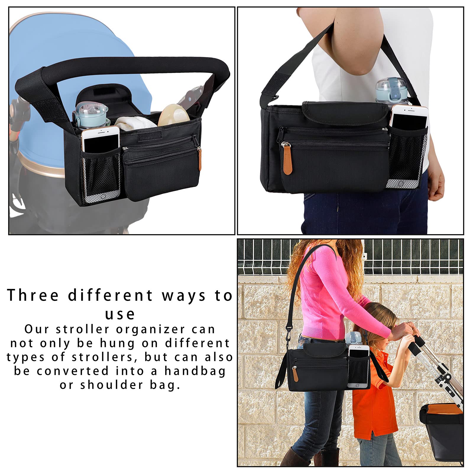 Universal Stroller Organizer with Insulated Cup Holders - Detachable Phone Bag & Adjustable Strap, Stroller Accessories for Carrying Diaper, iPhone, Toys & Snacks, Fits All Baby Stroller Models.