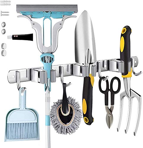 HXcomet Broom Mop Holder, Stainless Steel Wall Mounted Storage Organizer Cleaning Tool for Kitchen, Garage, Garden, Bathroom Organization Storage (3 Racks 4 Hooks)