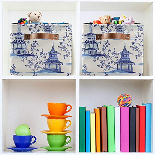 susiyo Large Foldable Storage Bin Pagodas Chinoiserie Fabric Storage Baskets Collapsible Decorative Baskets Organizing Basket Bin with PU Handles for Shelves Home Closet Bedroom Living Room-2Pack