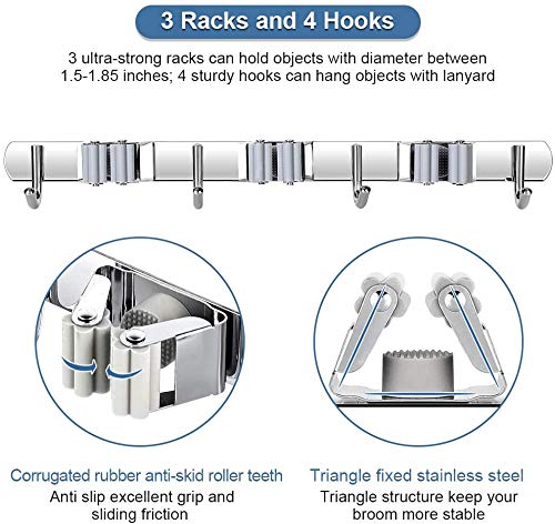 HXcomet Broom Mop Holder, Stainless Steel Wall Mounted Storage Organizer Cleaning Tool for Kitchen, Garage, Garden, Bathroom Organization Storage (3 Racks 4 Hooks)