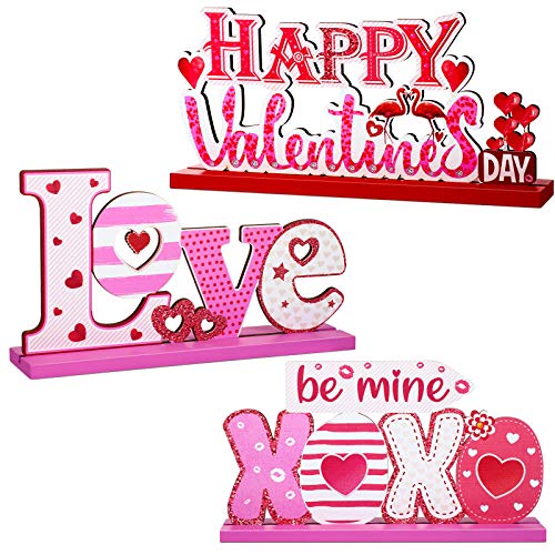 3 Valentine's Table Decoration Signs Be Mine Sign Love Happy Valentine Table Centerpiece Flamingo Wooden Party Decorations for Holiday Valentine's Dinner Party Coffee