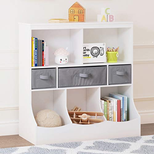 UTEX Toy Storage Organizer with Bookcase, Kidās Bin Storage Unit with 8 Compartments &3 Baskets Bins, Toys Box Organizer, Kidās Multi Shelf Cubby for Books,Toys,White