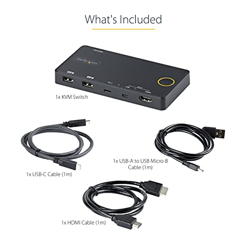 StarTech.com 2 Port Hybrid USB-A + HDMI & USB-C KVM Switch - Single 4K 60Hz HDMI 2.0 Monitor - Compact Desktop and/or Laptop HDMI KVM Switch - USB Bus Powered - Thunderbolt 3 Compatible, TAA