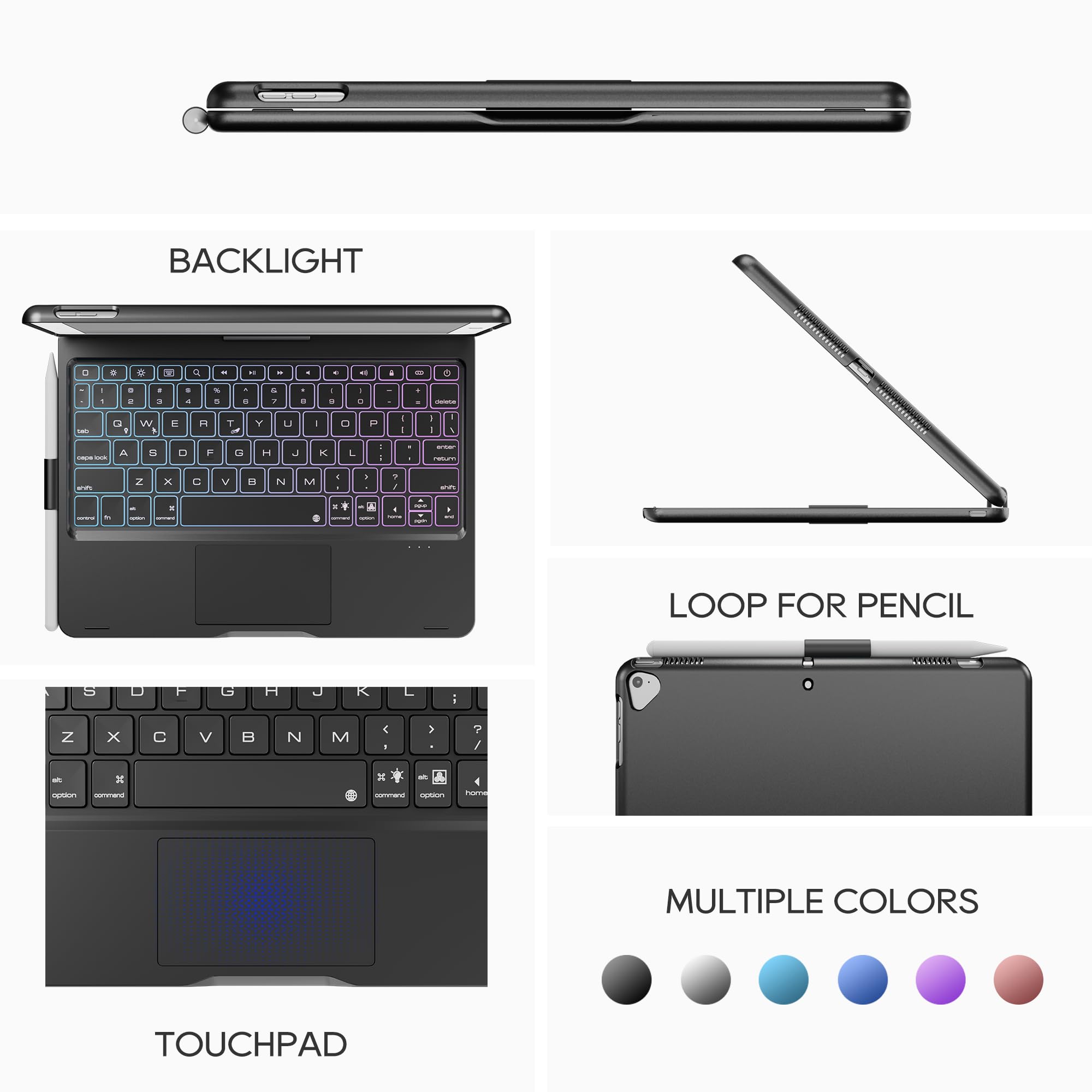 edaiser Swivel Keyboard Case for iPad 10.2 inch 9th 8th 7th, iPad Air 3rd and iPad Pro 10.5 2nd Generation: Wireless Rotatable Cover, Pencil Holder, Smart Trackpad, RGB Backlit, Black