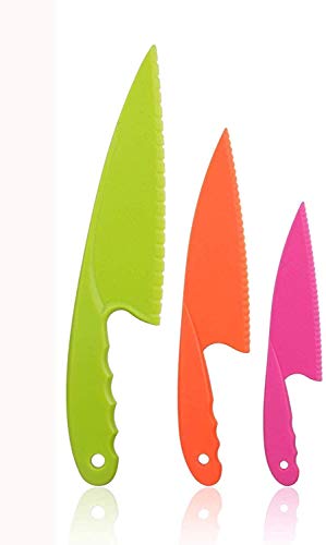 RHY 3PCS 3 Colors Plastic Kitchen Knife Set 3 Sizes Kids Nylon Knife Children Safety Cooking Chef Knives for Fruit Lettuce Vegetable Salad Bread ，Nylon Kitchen Knife for Lettuce or Salads