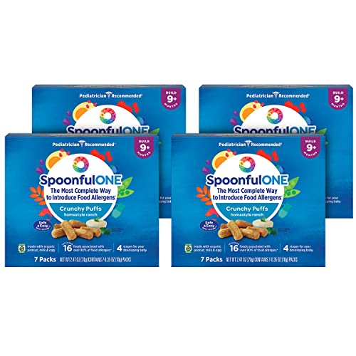 SpoonfulONE Early Allergen Introduction Crunchy Puffs | Smart Feeding Snack Food for an Infant or Baby 9+ Months | Certified Organic (Homestyle Ranch, 28 Pack)