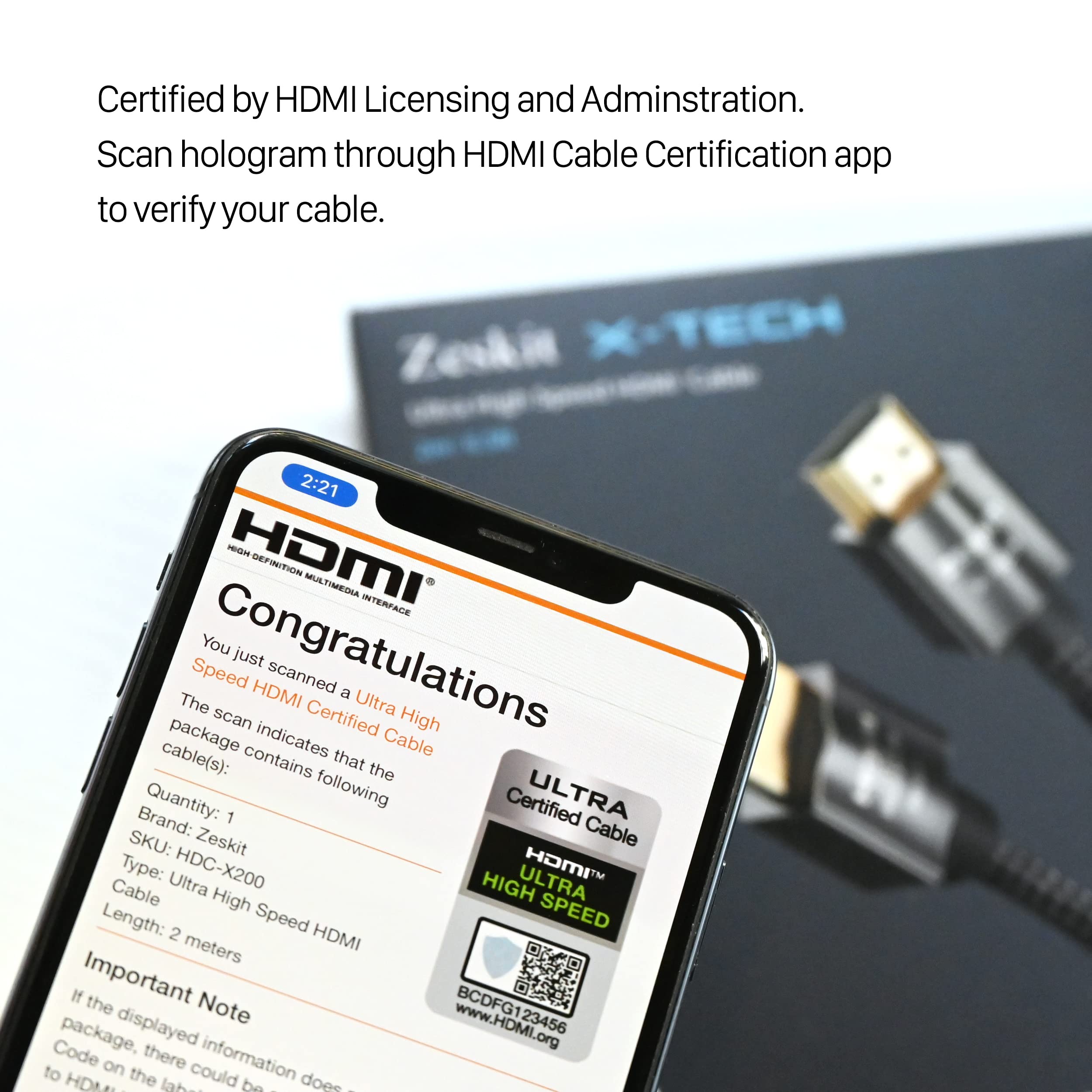 Zeskit X-Tech 48Gbps Ultra High Speed HDMI Cable 8ft, 8K60 4K120 144Hz eARC HDR HDCP 2.2 2.3 Compatible with Dolby Vision Apple TV 4K Roku Sony LG Samsung Xbox Series X RTX 3080 PS4 PS5
