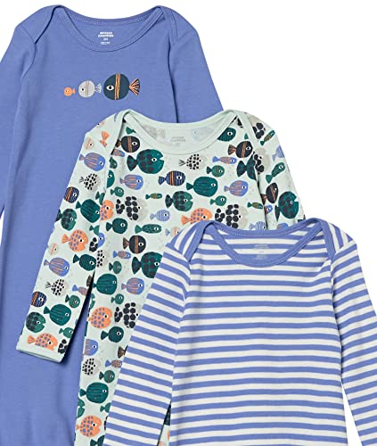 Amazon Essentials Unisex Babies' Cotton Sleeper Gowns, Pack of 3, Cornflower Blue/Pale Mint Green Fish/Stripe, 6 Months