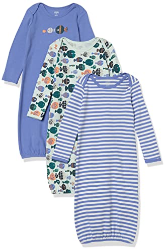 Amazon Essentials Unisex Babies' Cotton Sleeper Gowns, Pack of 3, Cornflower Blue/Pale Mint Green Fish/Stripe, 6 Months