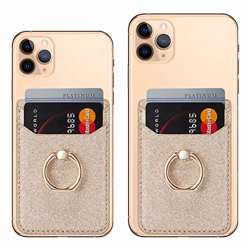 Phone Card Holder Sleeve RFID Credit Wallet with Kickstand Ring for Women, DMaos 2 Pieces Glitter Sands Wallet Stick-On Back Grip for iPhone Samsung Android and Smartphones - Pink + Gold