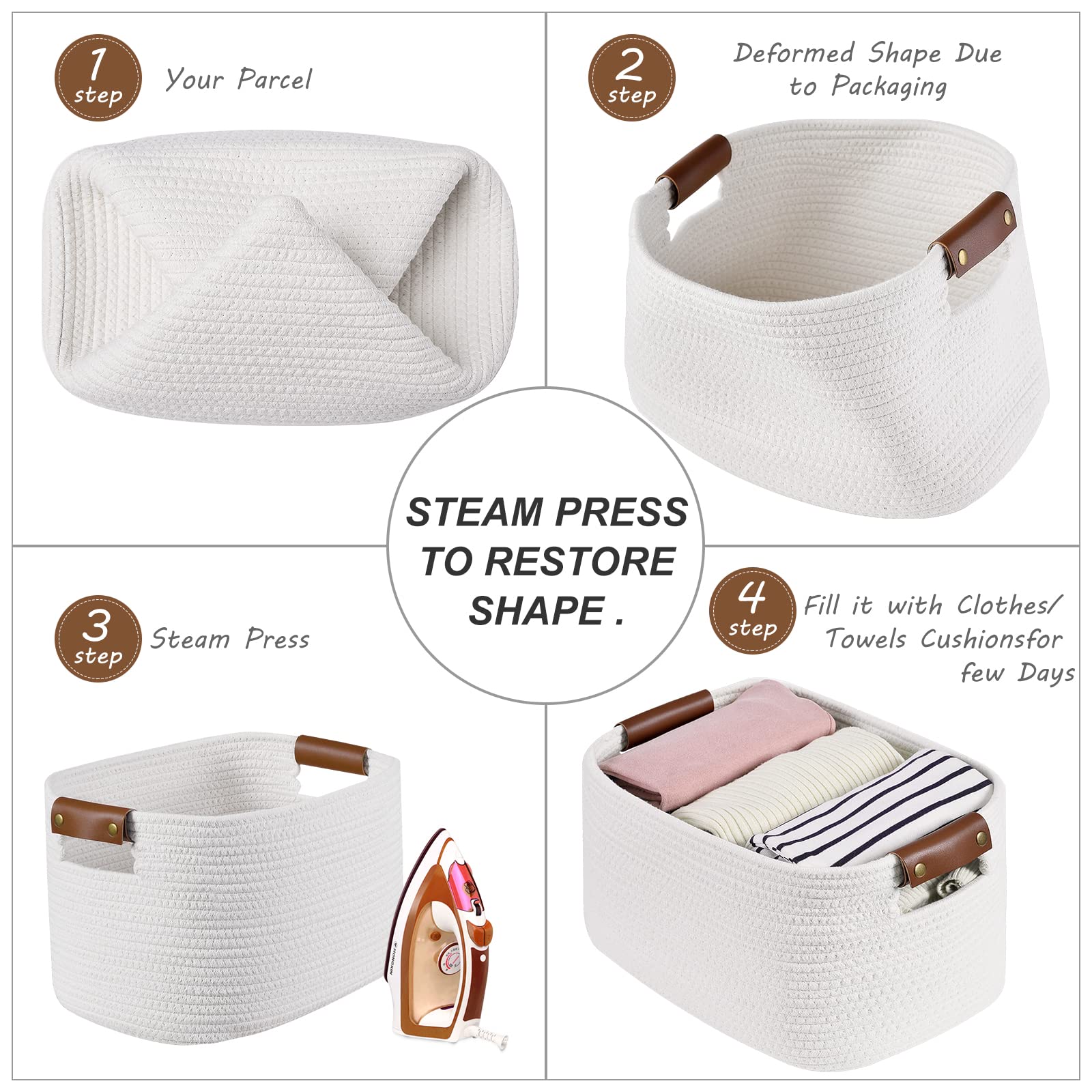 Collapsible Cotton Rope Storage Baskets [1-Pack], Woven Shelf Storage Basket, Nursery Organizers, Laundry Basket for Baby Clothes, Toys, Makeup, Books, Towels (White, 15''×10''×9'')