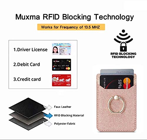 Phone Card Holder Sleeve RFID Credit Wallet with Kickstand Ring for Women, DMaos 2 Pieces Glitter Sands Wallet Stick-On Back Grip for iPhone Samsung Android and Smartphones - Pink + Gold