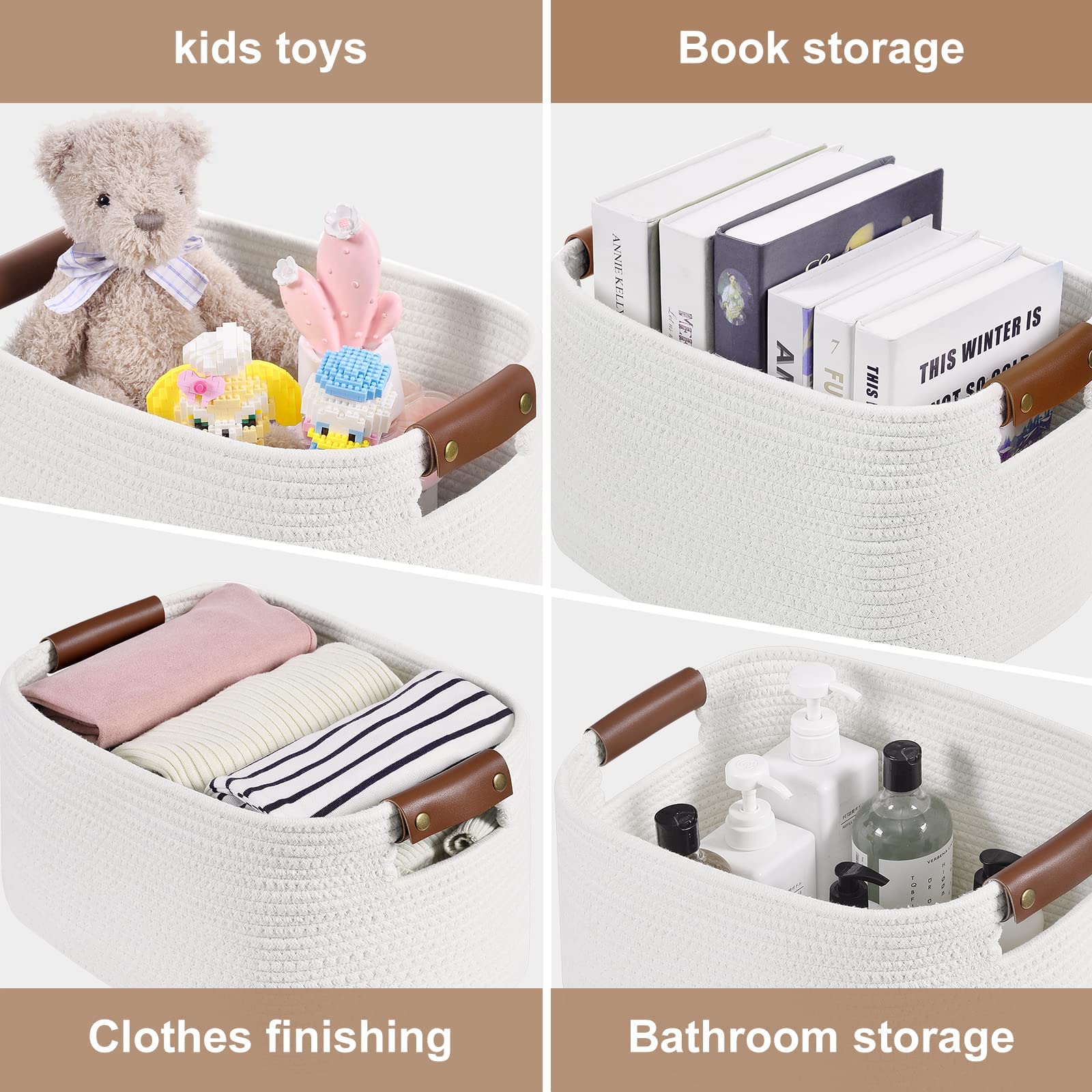 Collapsible Cotton Rope Storage Baskets [1-Pack], Woven Shelf Storage Basket, Nursery Organizers, Laundry Basket for Baby Clothes, Toys, Makeup, Books, Towels (White, 15''×10''×9'')