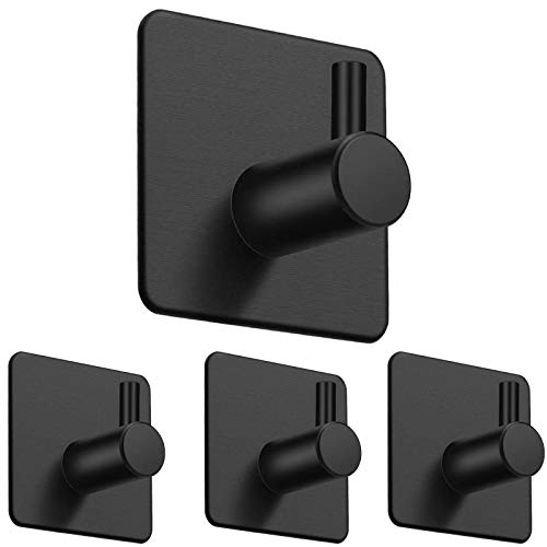 ZHhan 4 Packs Hooks Heavy Duty Wall Hooks Self Adhesive Waterproof Stainless Steel Hooks for Hanging Coat, Hat,Towel Robe Hook Rack Wall Mount Bathroom and Bedroom Black
