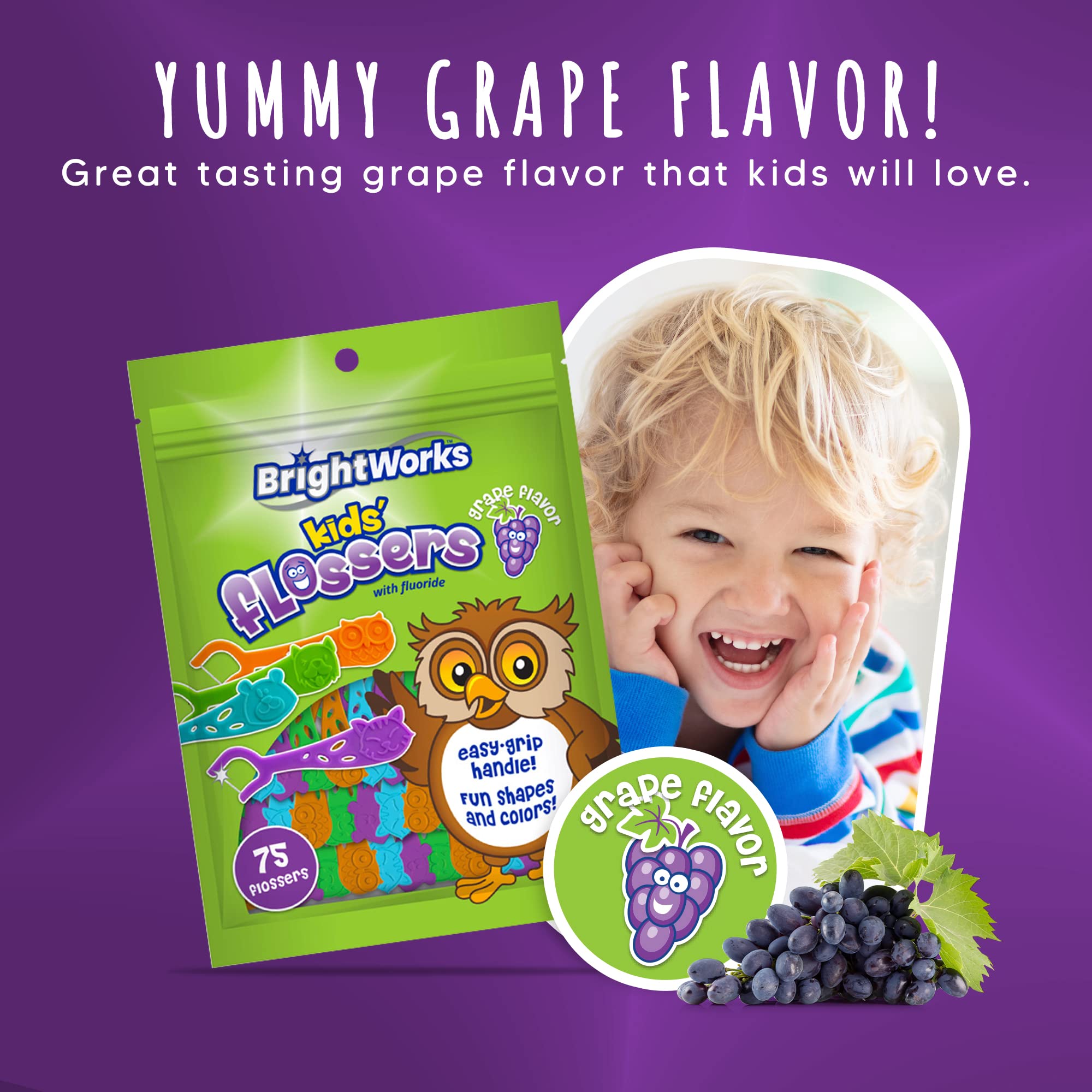 Kids’ Grape-Flavored Dental Flossers, Colorful Animals add Fun to Support Healthy Habits, Easy-Grip Handle and Fluoride-Coated Floss, Pack of 3 x 75 Pieces