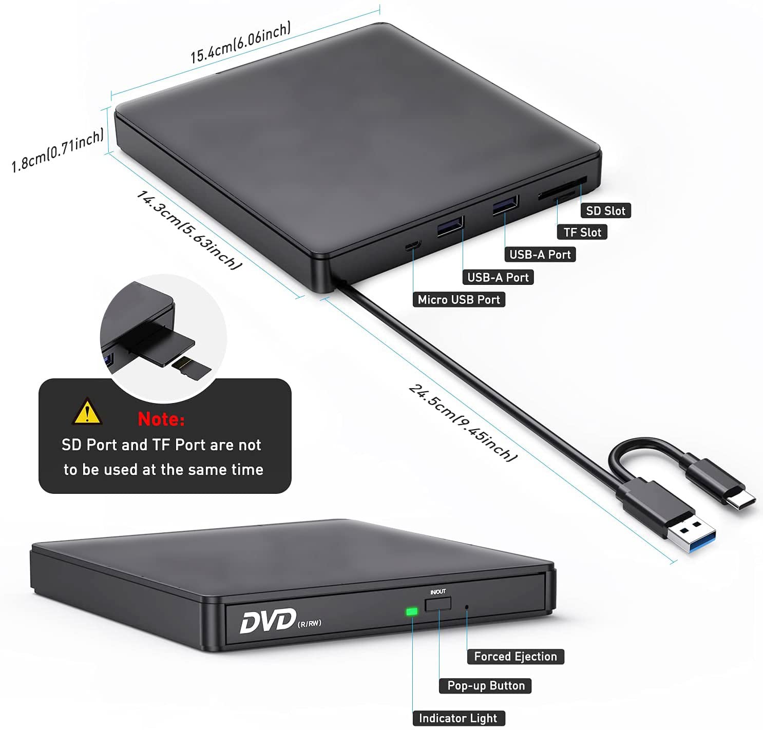 intendvision External CD DVD Drive USB 3.0 Type-C CD-RW DVD-R Combo Burner with SD/TF Slot, 2 USB 2.0 Port for PC Laptop Computer Mac Windows 11/10/8/7