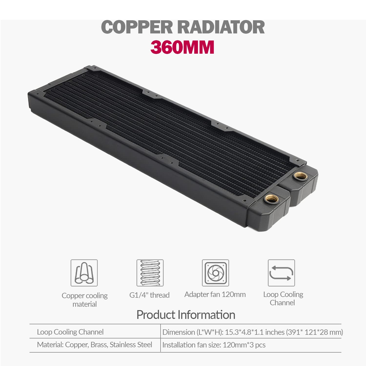 Dracaena 360mm - 28mm/1.1inch Thick Computer Radiator, 14 Tubes Copper Water Cooling Cooler for CPU Heat Sink - Liquid Heat Exchanger Dual G1/4 Thread