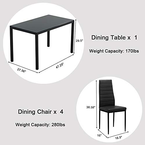 SLEERWAY Kitchen Dining Table Set for 4 People, Thickened Tempered Glass Desktop Kitchen Table and 4 Leather Chairs with Cushion, Modern Dining Room Sets for Small Space, 5 Pieces