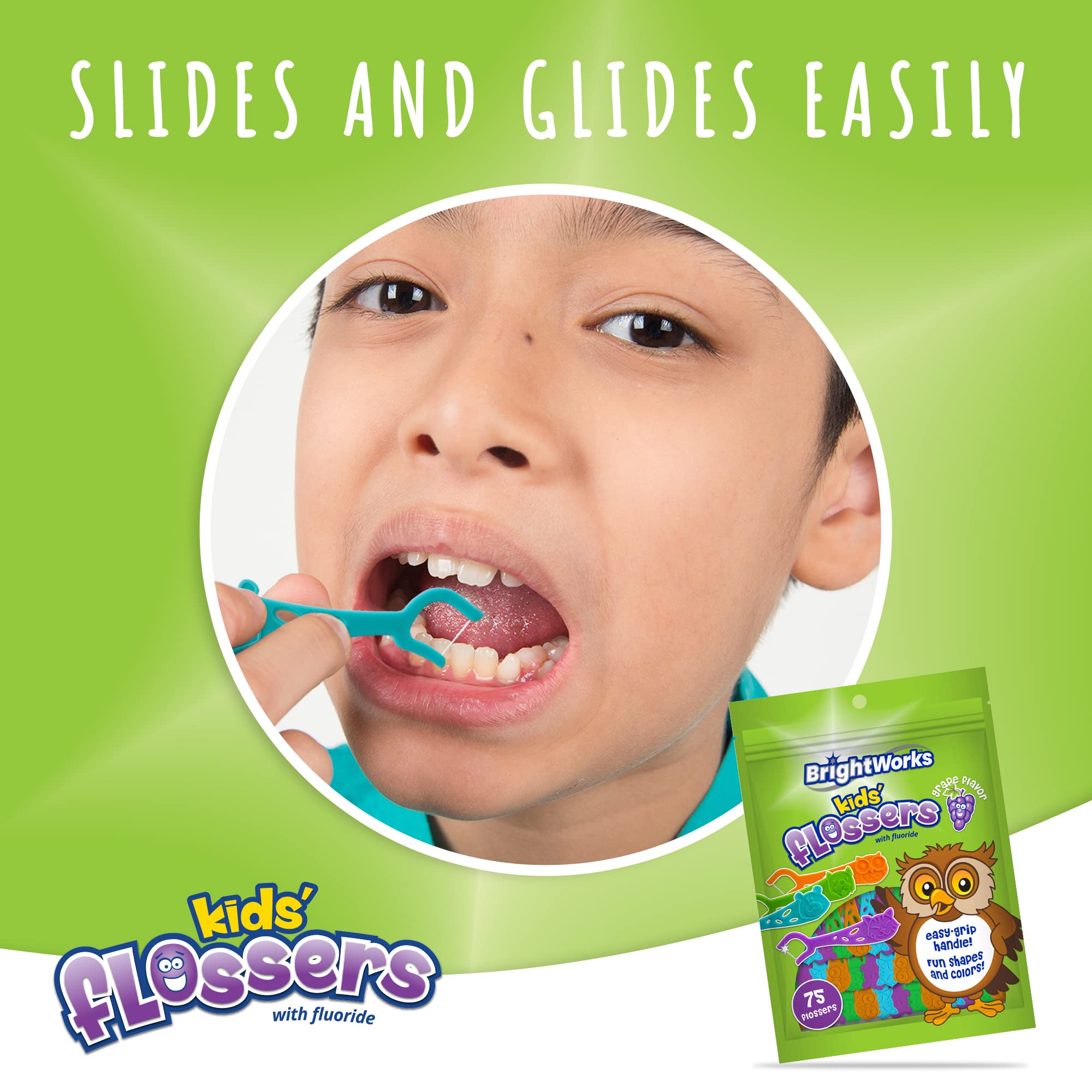 Kids’ Grape-Flavored Dental Flossers, Colorful Animals add Fun to Support Healthy Habits, Easy-Grip Handle and Fluoride-Coated Floss, Pack of 3 x 75 Pieces