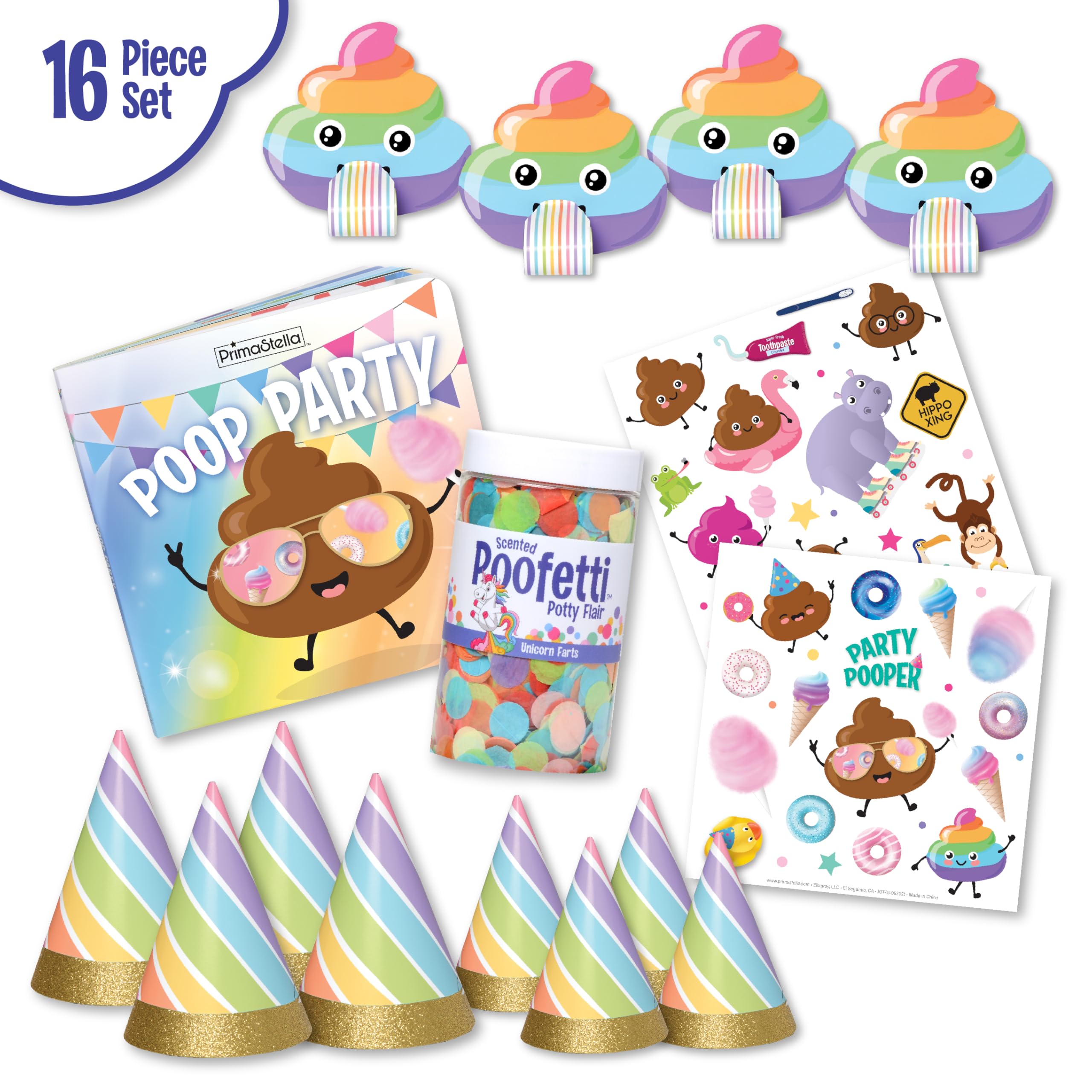 Poop Party Potty Training Kit - Adventure Book and Party Supplies to Help Toddlers Get Excited About Using the Toilet - 16 Piece Set - PrimaStella