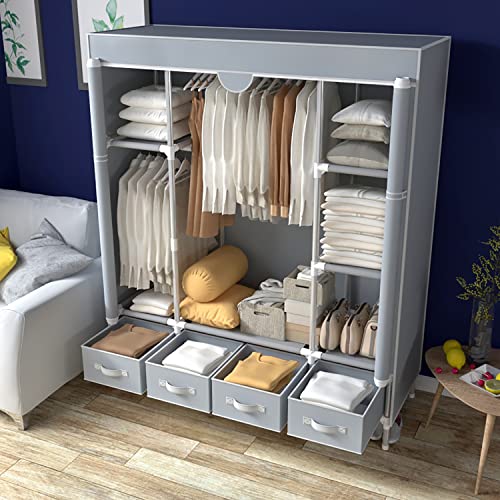 ASSICA Portable Clothes Closet Rolling Door Wardrobe with Hanging Rack Non-Woven Fabric Storage Organizer with Four Drawer Boxes No-Tool Assembly - 59.0 x 17.7 x 67.0 ββ (Gray)