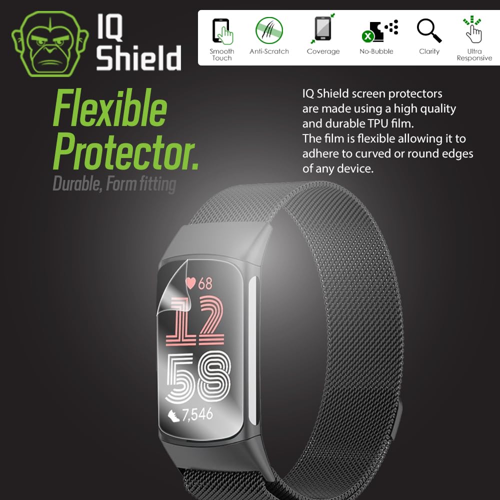 IQShield Screen Protector Compatible with Fitbit Charge 6 / Charge 5 (6-Pack) Anti-Bubble Clear TPU Film