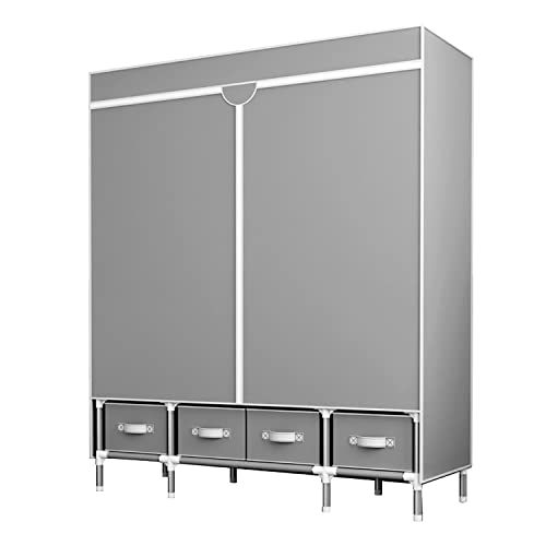 ASSICA Portable Clothes Closet Rolling Door Wardrobe with Hanging Rack Non-Woven Fabric Storage Organizer with Four Drawer Boxes No-Tool Assembly - 59.0 x 17.7 x 67.0 ββ (Gray)