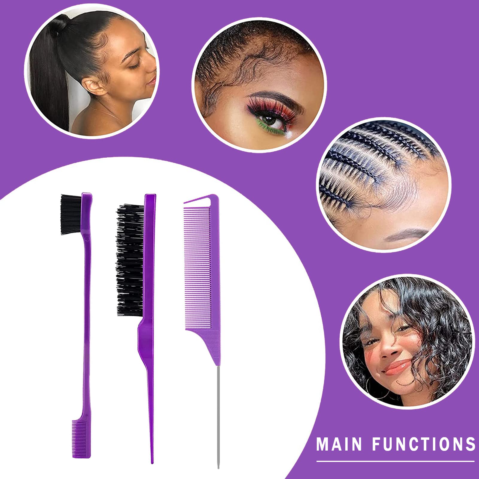3 Pieces Hair Styling Comb Set Teasing Hair Brush Rat Tail Comb Edge Brush for Edge&Back Brushing, Combing, Slicking Hair for Women (Purple)