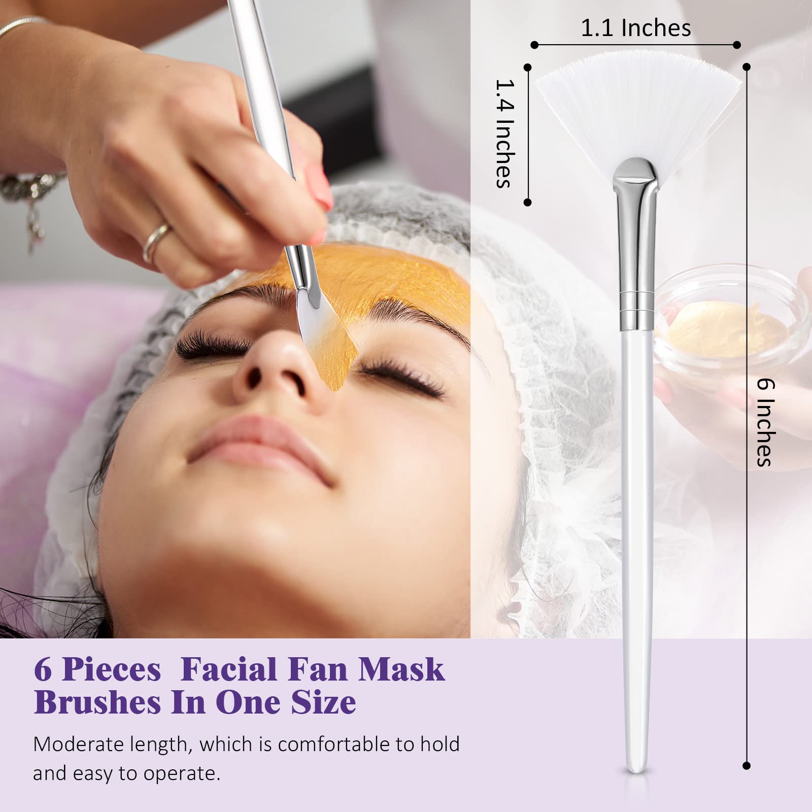 Maitys 6 Pieces Fan Mask Brushes Soft Fan Facial Mask Applicator Tools Brush Makeup Brushes Cosmetic Tools with Handle for Makeup Women(White Hair)