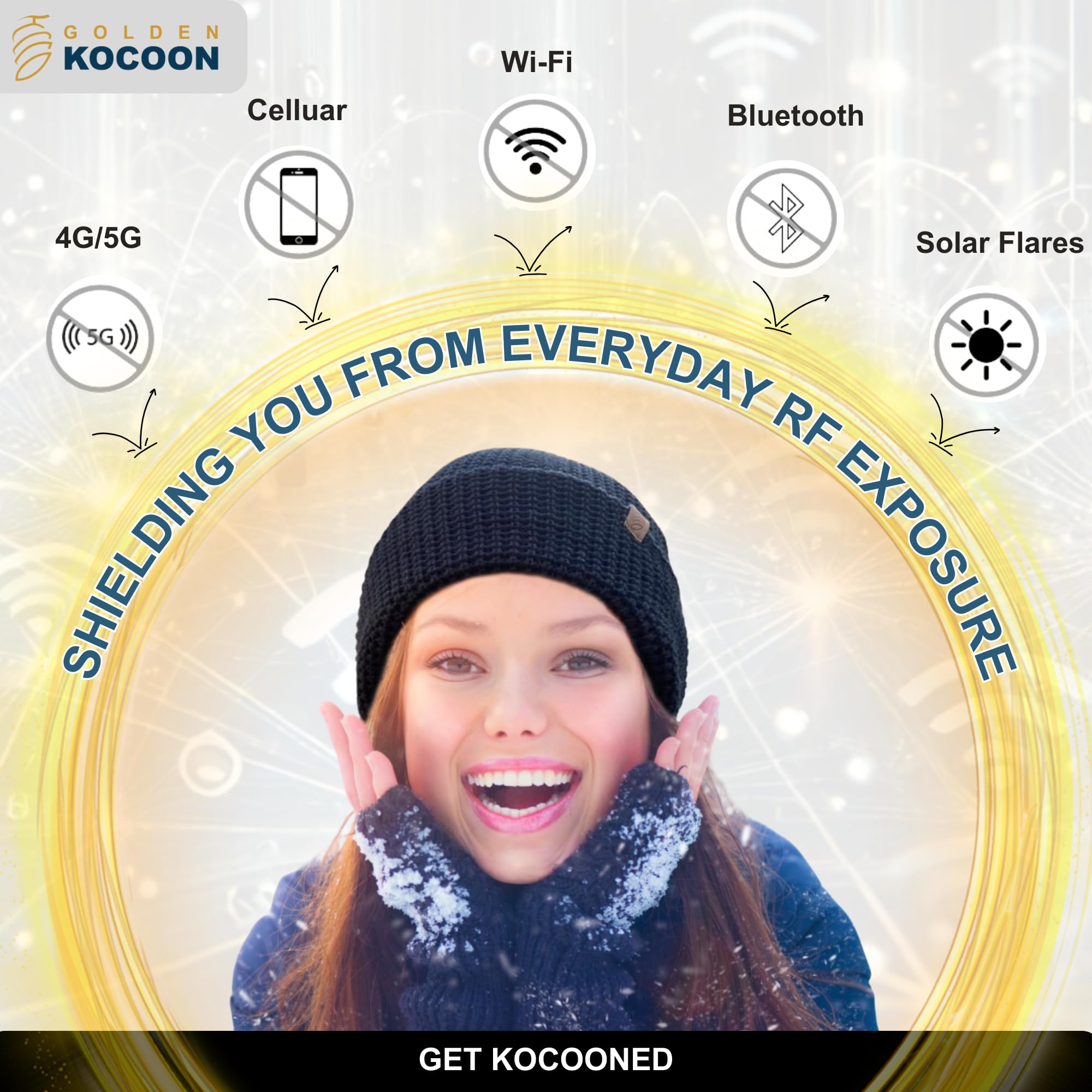 Golden Kocoon®- E-M-F Organic Cotton Beanie with EcoShield™ Tech Bamboo Lyocell Faraday Fabric Silver Liner- Adult Size Hat in Black -5 g, BT, Smart Meters & WiFi- Cocoon Cap