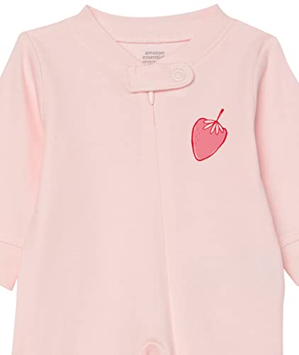 Amazon Essentials Unisex Babies' Footed Zip-Front Sleep and Play, Pack of 3, Light Pink Berry/Mint Green Stripe/Strawberries, Preemie