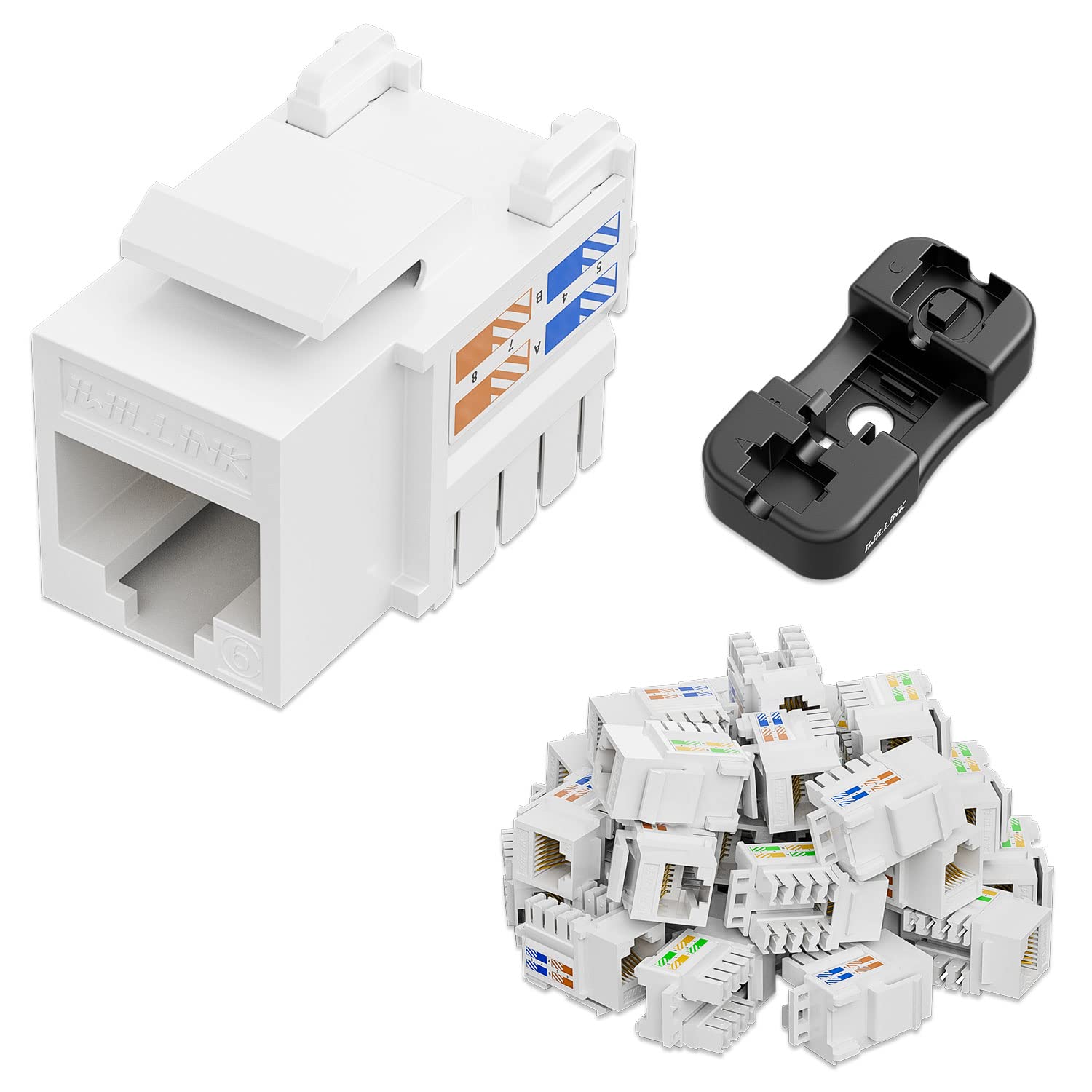 Iwillink 10Gbps Cat6 Keystone Jack, RJ45 Keystone Jack 25-Pack and Keystone Punch-Down Stand, UTP Modular Ethernet Jack Insert 90-Degree, Punch Down Keystone Jack Adapter, White