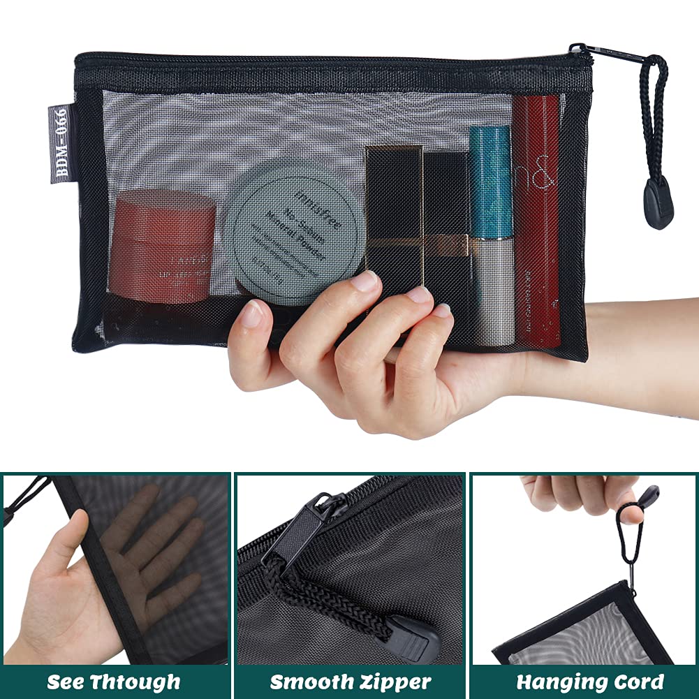 besharppin Small Mesh Cosmetic Bags, 6pcs Nylon Makeup Pouches with Zipper for Home Office Purse Diaper Bag (Black)