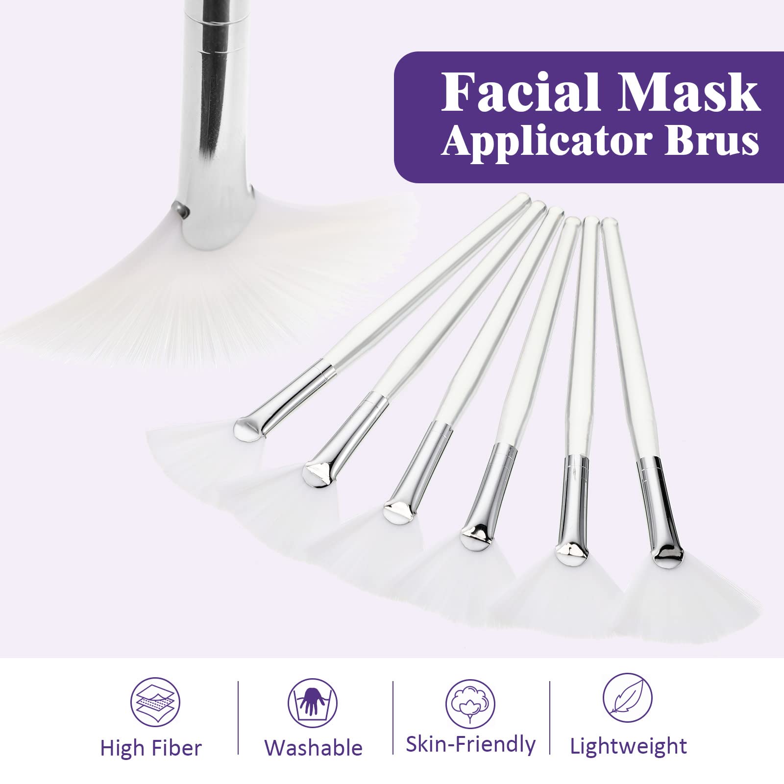 Maitys 6 Pieces Fan Mask Brushes Soft Fan Facial Mask Applicator Tools Brush Makeup Brushes Cosmetic Tools with Handle for Makeup Women(White Hair)