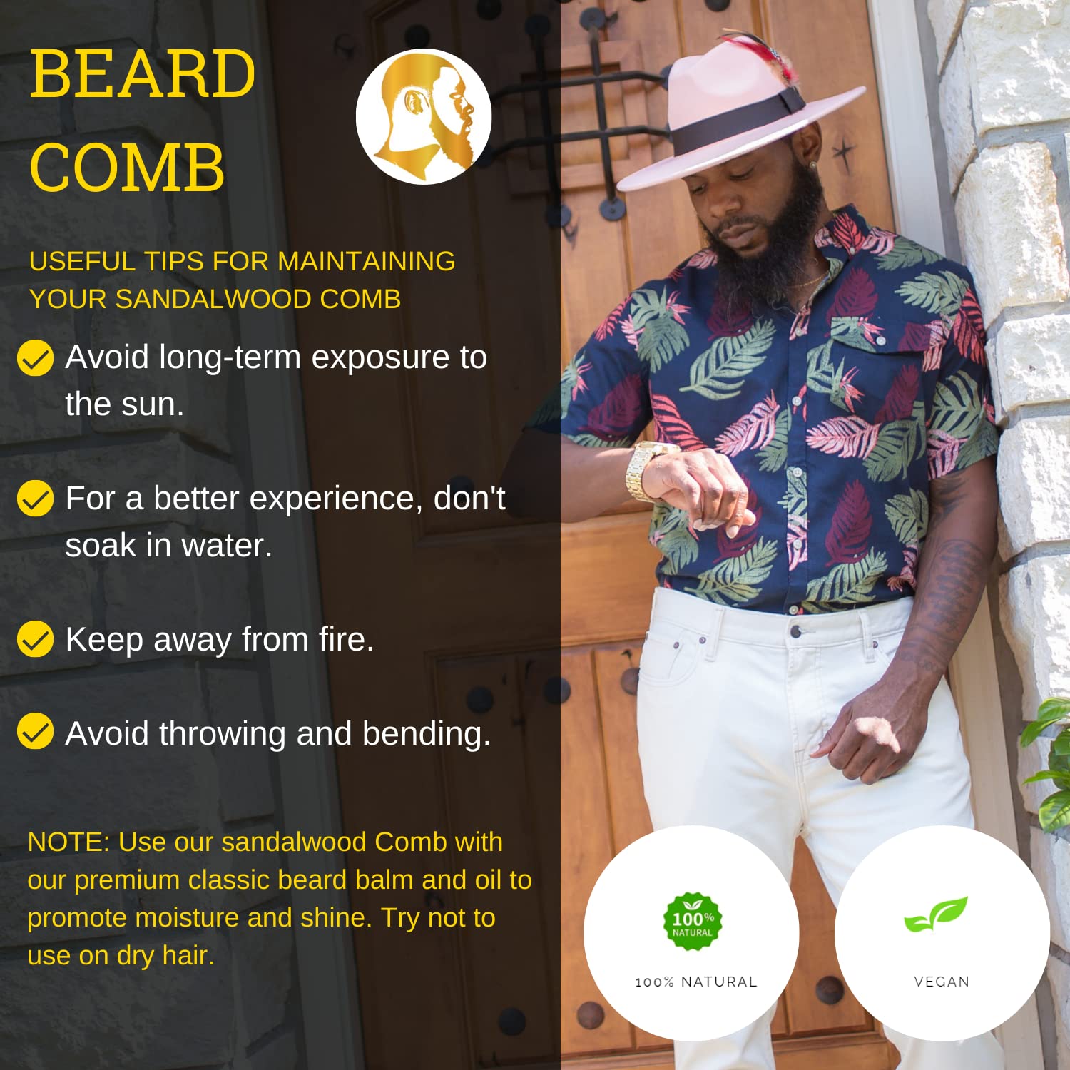 Black Beard Brigade by Yulaw Naturals Premium Sandalwood Comb with Case - Dual Action Fine & Coarse Teeth - Perfect for use with Balms and Oils - Pocket Comb for Beard & Mustache