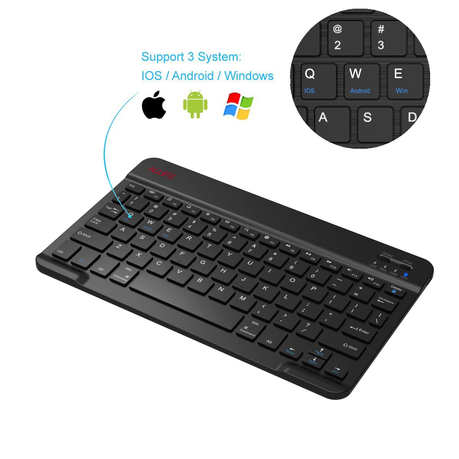 ALLIFE Universal Ultra Light Slim Portable Wireless Bluetooth 3.0 Keyboard for iOS iPad iPad Air, Pro, Mini, Android, Windows Tablets PC Smartphone with Protection Case Stand