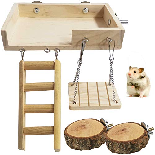 kathson Dwarf Hamster Wood Platform with Ladder Swing Climbing Toys Rat Playground Set Hamster Crawling Cage Accessories for Gerbil Dwarf Rat 5PCS