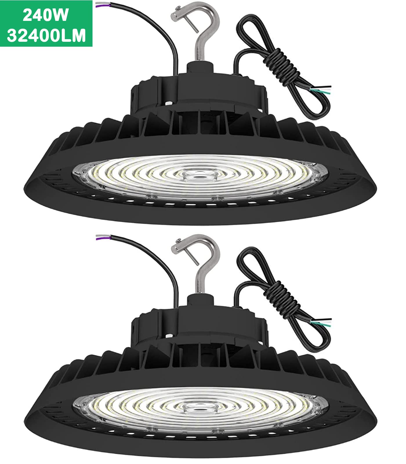 OSTEK 2Pack UFO led high Bay Light 240W, 0-10V Dimmable High Bay LED Lighting Fixture, 5000K, US Hook 5' Cable Barn Workshop Bay Lighting for Garage/Commercial Warehouse/Wet Location (240)